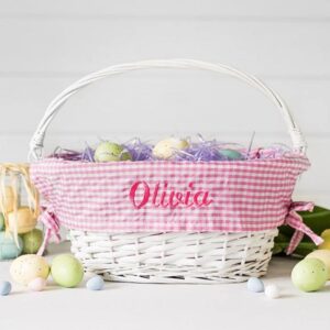 american laser crafts personalized easter basket for boys & girls (pink liner) - wicker easter basket for kids - monogrammed basket with handle, qual2008