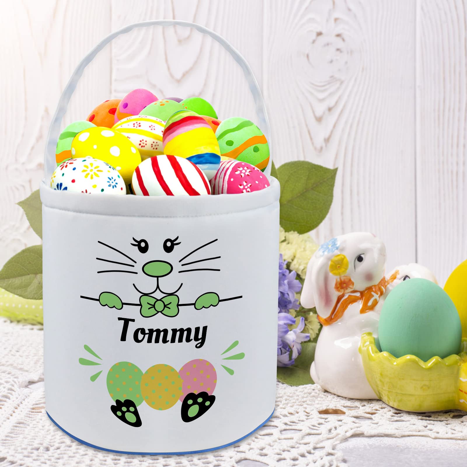 Personalized Buny Easter Basket with Name Custom Canvas Egg Bags for Kids Candy Easter Baskets for Baby Boys Girls-Blue