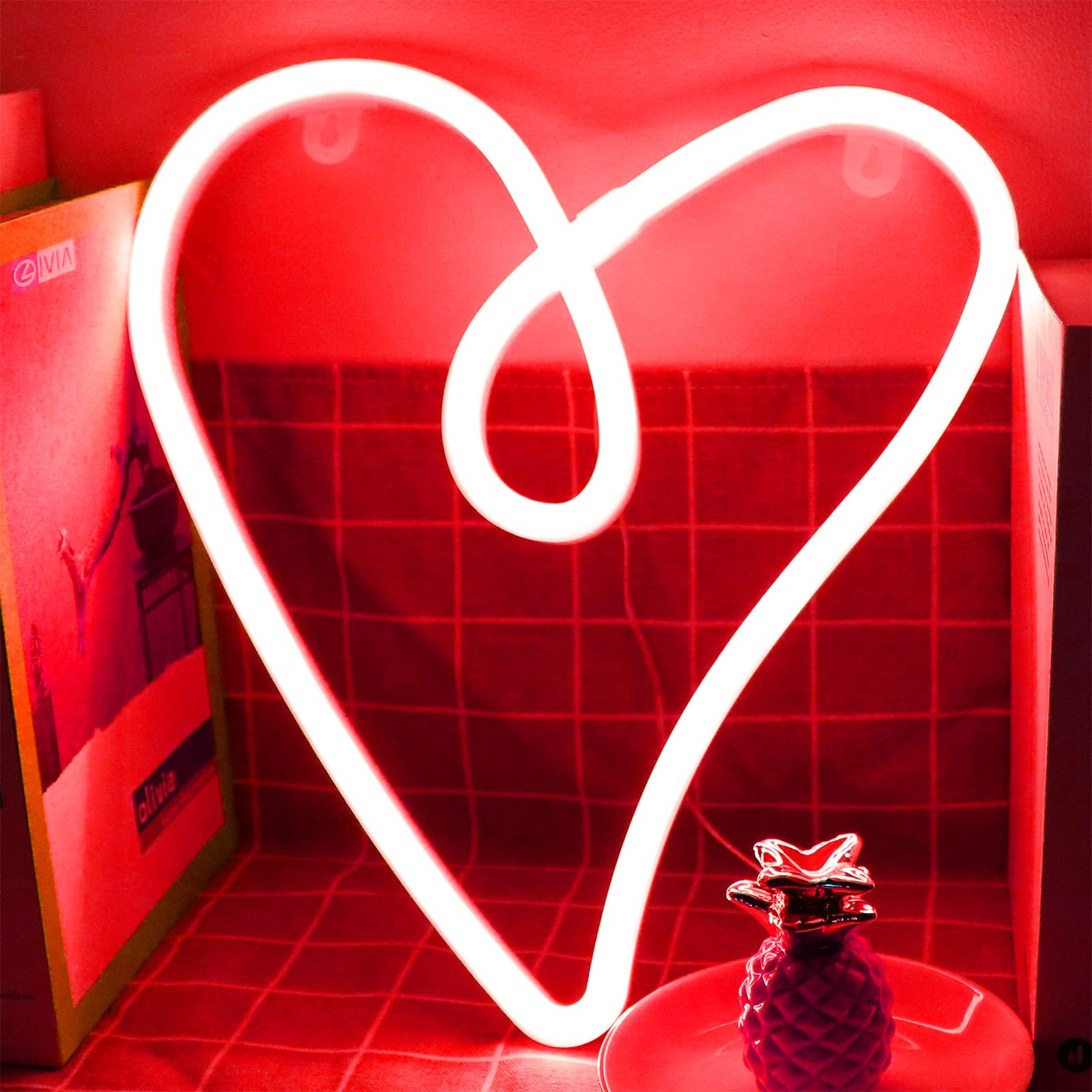 Love Heart Neon Light Valentine's Gift for Kids or Her,LED Heart Shape Neon Signs Lamp Pink Room Decor for Wall,Fun Light for Kids Room Decoration Powered by Battery/USB(Red)