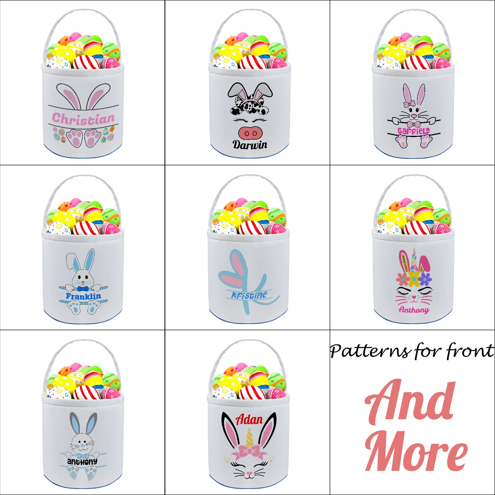 Personalized Buny Easter Basket with Name Custom Canvas Egg Bags for Kids Candy Easter Baskets for Baby Boys Girls-Blue