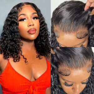 arrebol 14 inch closure bob wig human hair water wave closure wigs for black women 4x4 short curly bob wigs human hair pre plucked with baby hair 150% density natural color (14 inch)