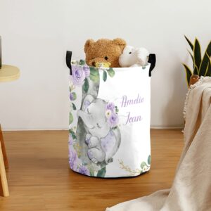 Elephant Purple Floral Garden Storage Bin, Waterproof Oxford Fabric Clothes Basket Organizer for Laundry Hamper,Toy Bins,Gift Baskets, Bedroom, Clothes,Baby Nursery