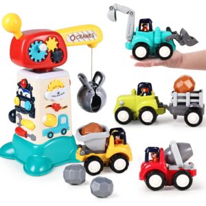 iplay, ilearn toddler construction crane music toys, baby activity cube w/ 4 inertia push go vehicles cars, tractor backhoe dump truck, birthday gifts set 18 24 month 2 3 4 5 year old infant boys kids