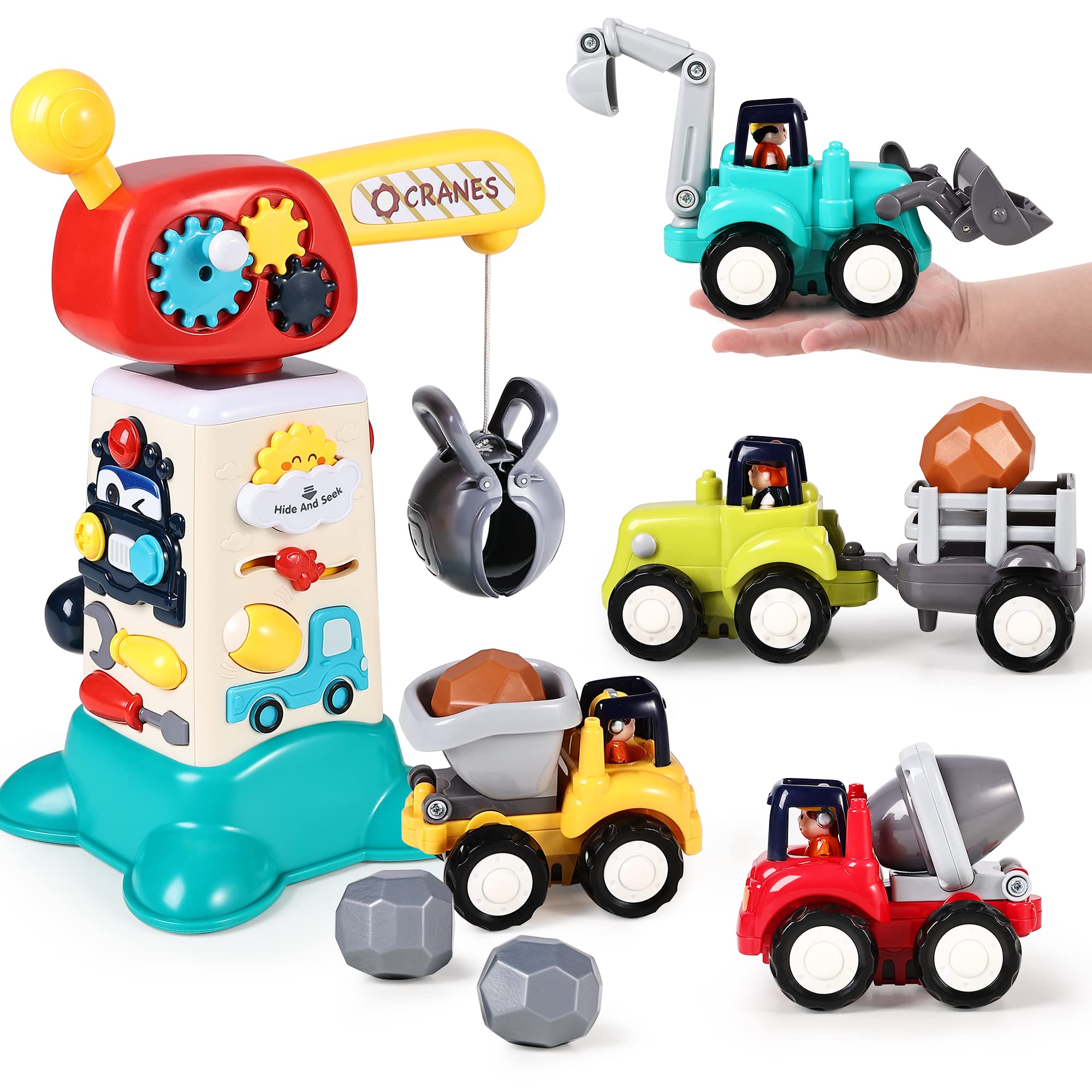 iPlay, iLearn Toddler Construction Crane Music Toys, Baby Activity Cube w/ 4 Inertia Push Go Vehicles Cars, Tractor Backhoe Dump Truck, Birthday Gifts Set 18 24 Month 2 3 4 5 Year Old Infant Boys Kids