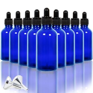 youngever 12 pack 2 ounce blue glass dropper bottles for essential oil, 2 stainless steel mini funnels