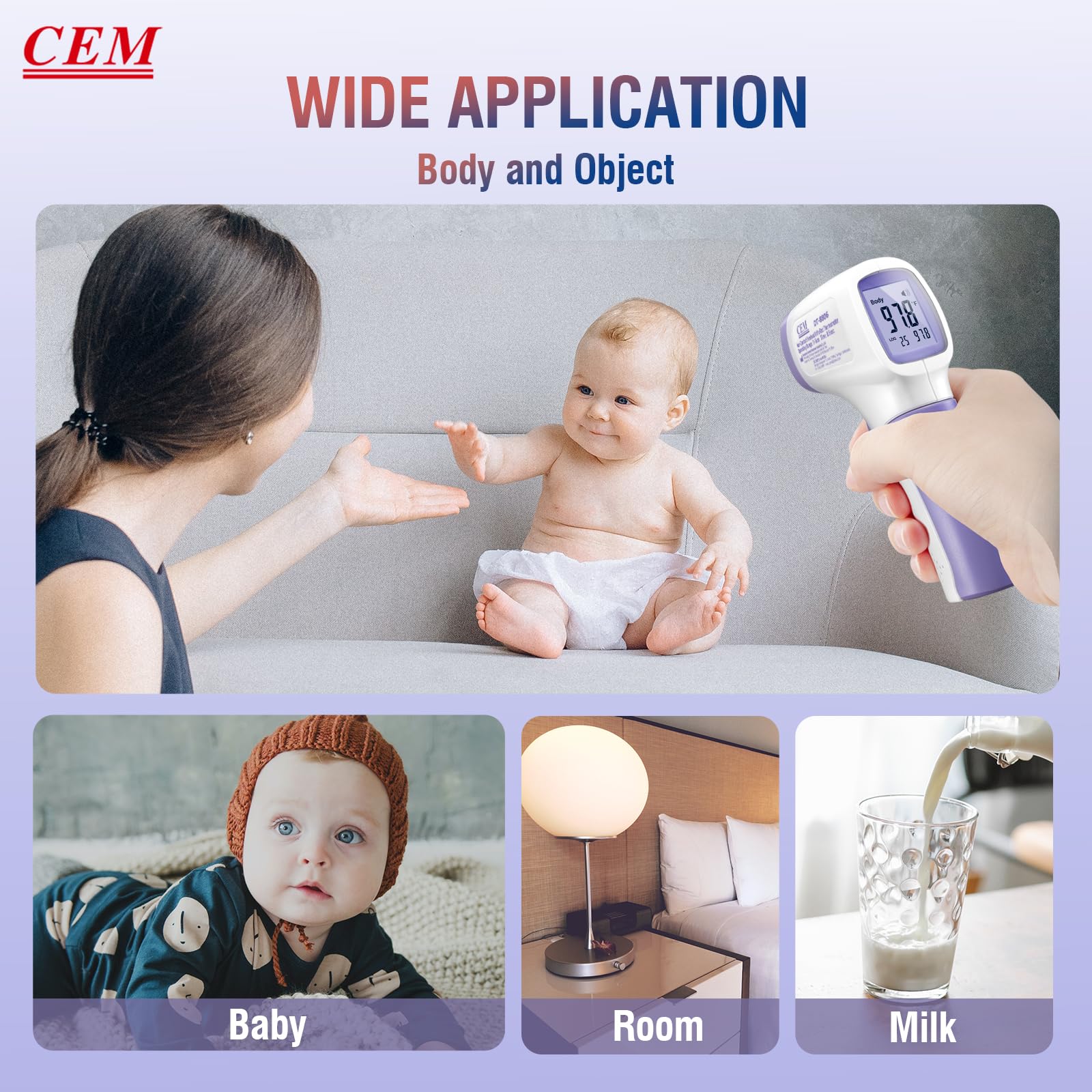 CEM DT-8806 Digital Thermometer for Adults and Kids, No Touch Forehead Thermometer for Baby, 2 in 1 Body Surface Mode Infrared Thermometer with Fever Alarm and Instant Accuracy Readings, Purple