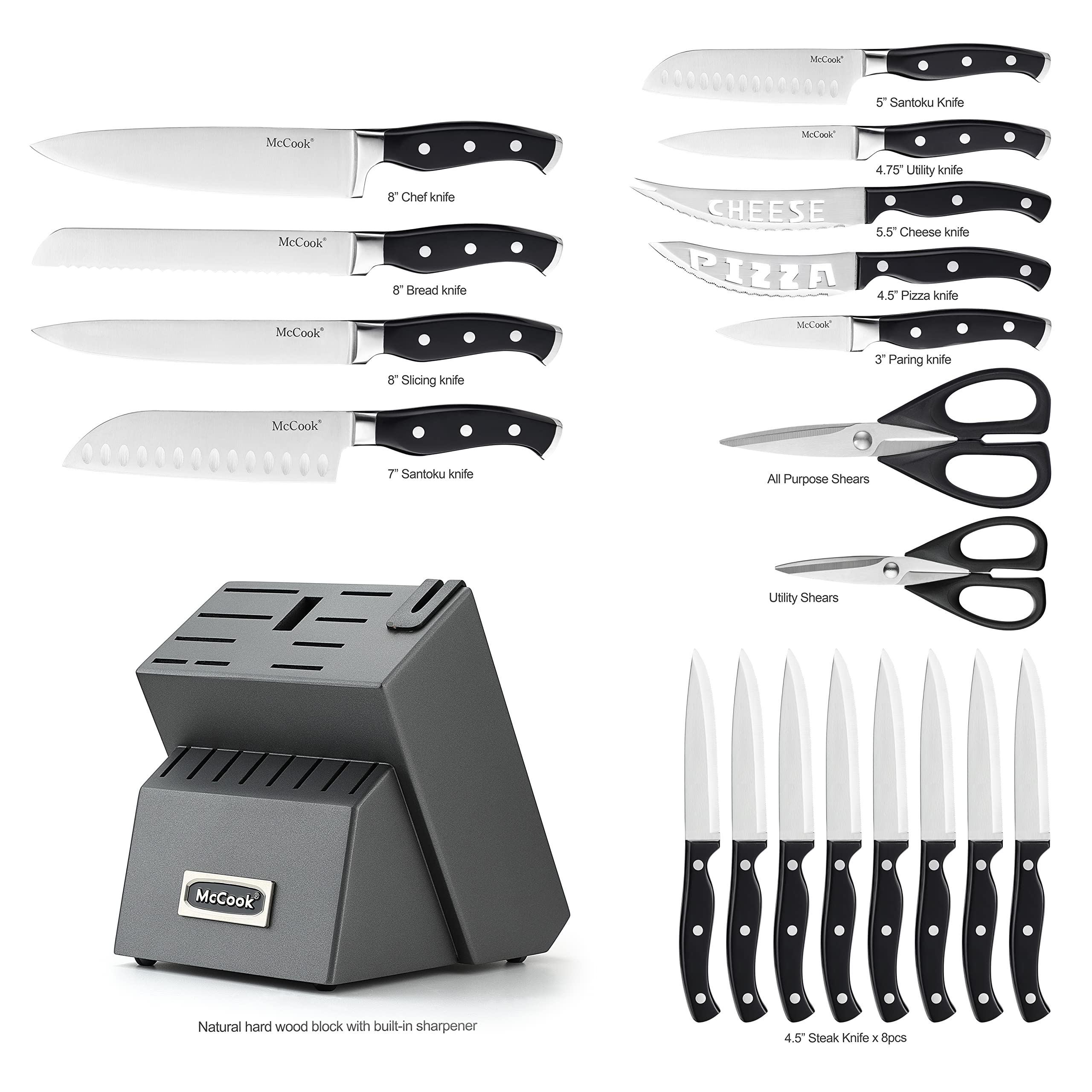 MC65G 20 Pieces Stainless Steel Forged Kitchen Knives Block Set with Built-in Knife Sharpener + McCook MC60 Stainless Steel Cooking Utensils Sets