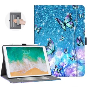 case for ipad 9th/8th/7th generation 10.2 inch 2021/2020/2019 with pencil holder for women girls adjust angle view case with pocket/hand strap/auto wake/sleep, flowers butterfly