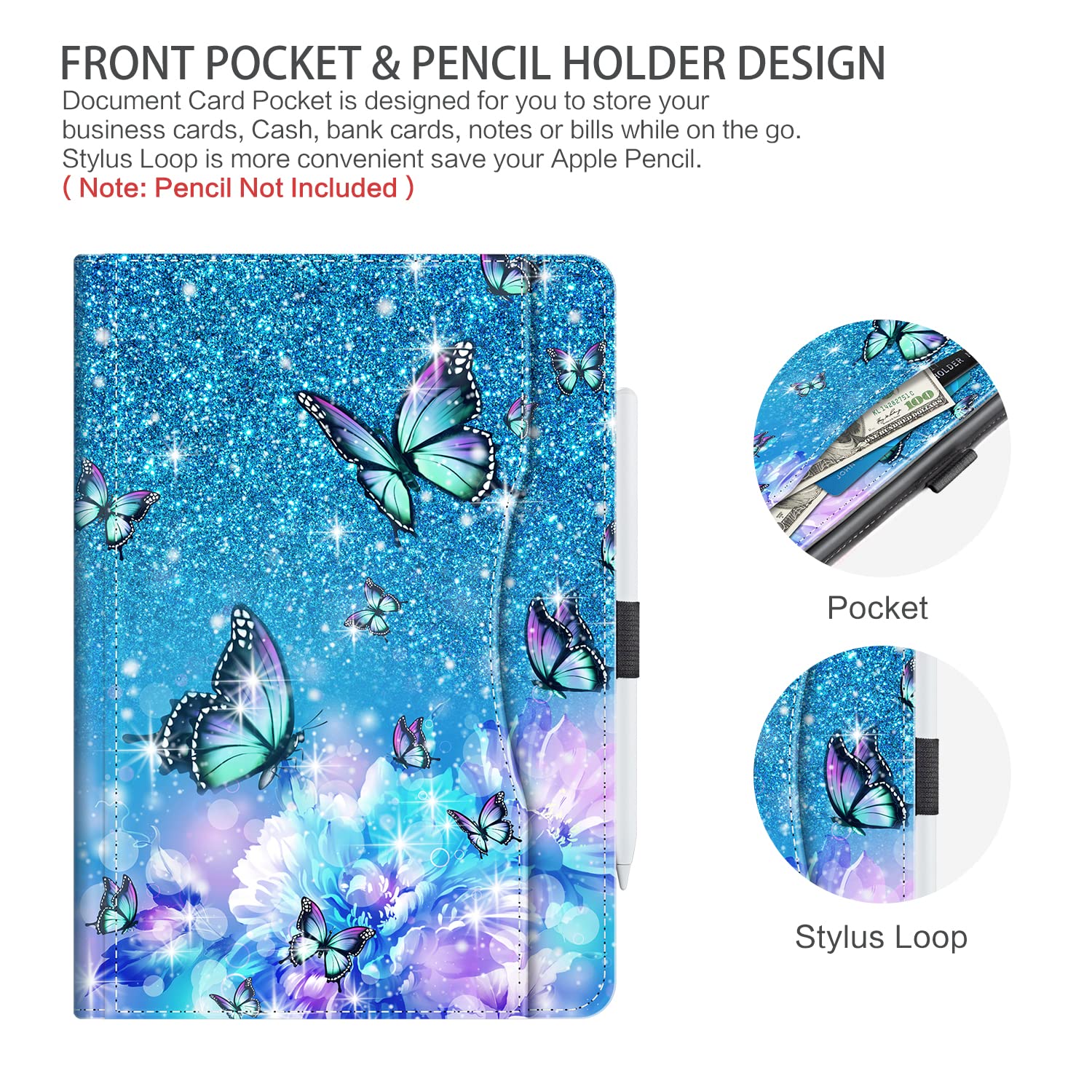 Case for iPad 9th/8th/7th Generation 10.2 Inch 2021/2020/2019 with Pencil Holder for Women Girls Adjust Angle View Case with Pocket/Hand Strap/Auto Wake/Sleep, Flowers Butterfly