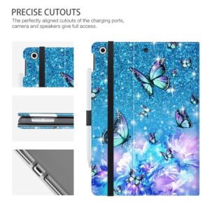 Case for iPad 9th/8th/7th Generation 10.2 Inch 2021/2020/2019 with Pencil Holder for Women Girls Adjust Angle View Case with Pocket/Hand Strap/Auto Wake/Sleep, Flowers Butterfly