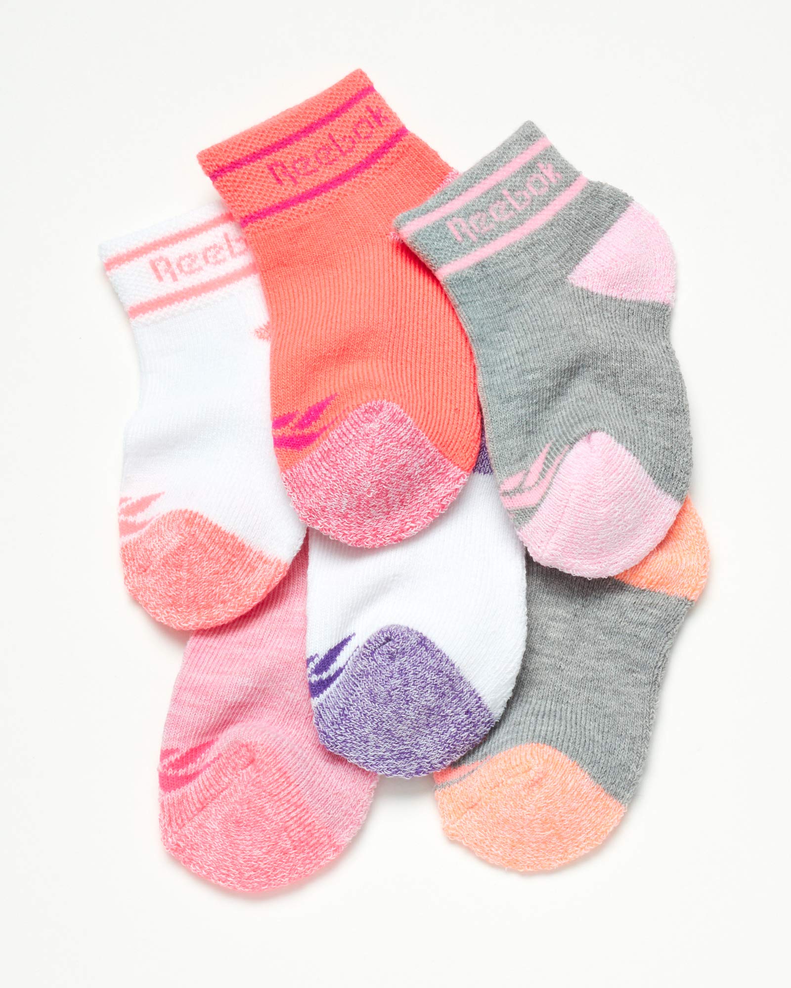 Reebok Girl's 6 Pack, 12 Pack Comfort Cushion Quarter Cut Socks (Infant/Toddler), Size 2-4T, Pink/Grey (6 Pack)