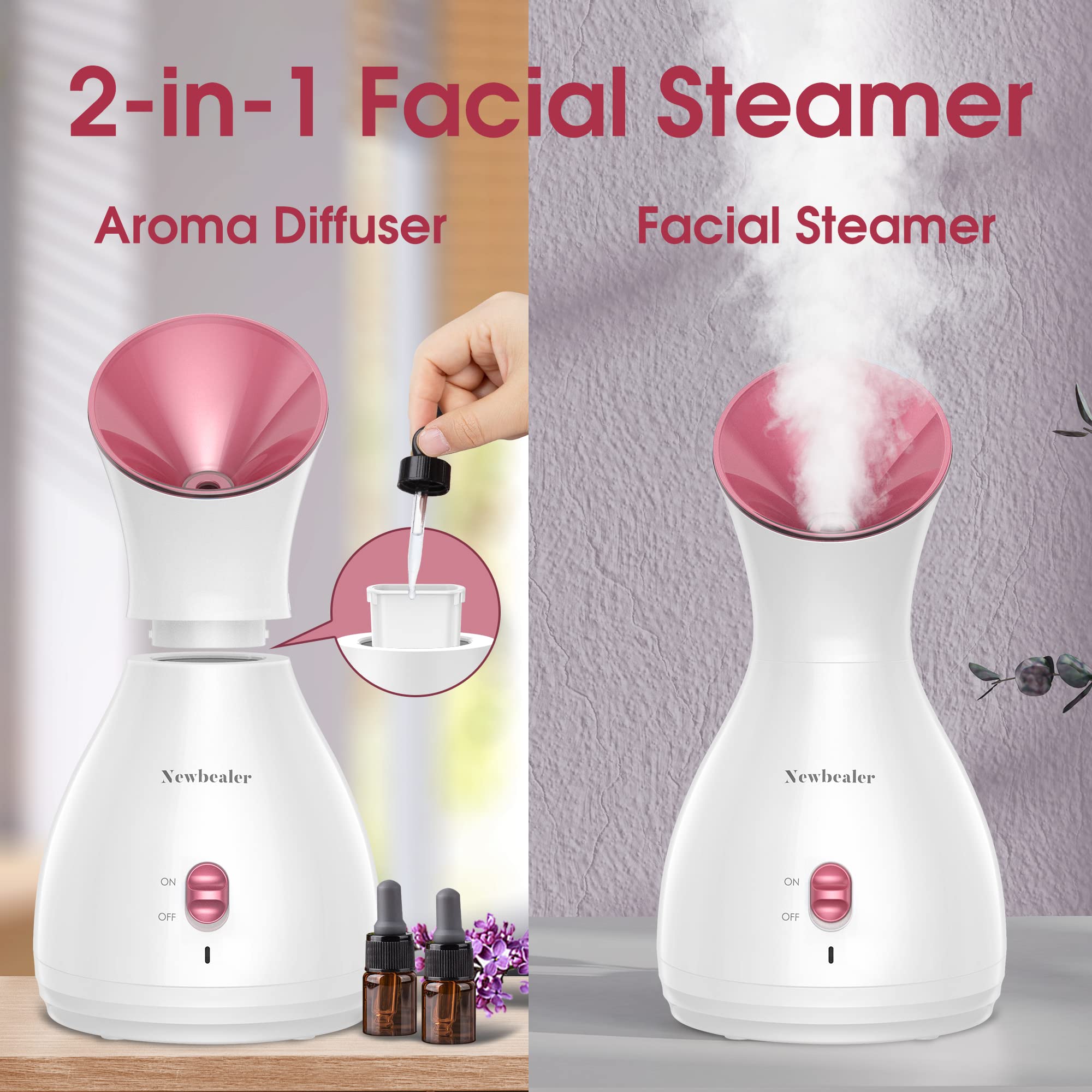 Newbealer 2in1 Facial Steamer, Hot Mist Facial Aromatherapy Humidifier Atomizer, Large Face Steamer Unclogs Pores Sinuses Moisturizing, Home Sauna Spa with Eyebrow Set (Red, 170 ml)