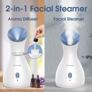 Newbealer 2in1 Facial Steamer, Hot Mist Facial Aromatherapy Humidifier Atomizer, Large Face Steamer Unclogs Pores Sinuses Moisturizing, Home Sauna Spa with Eyebrow Set (Blue, 170 ml)