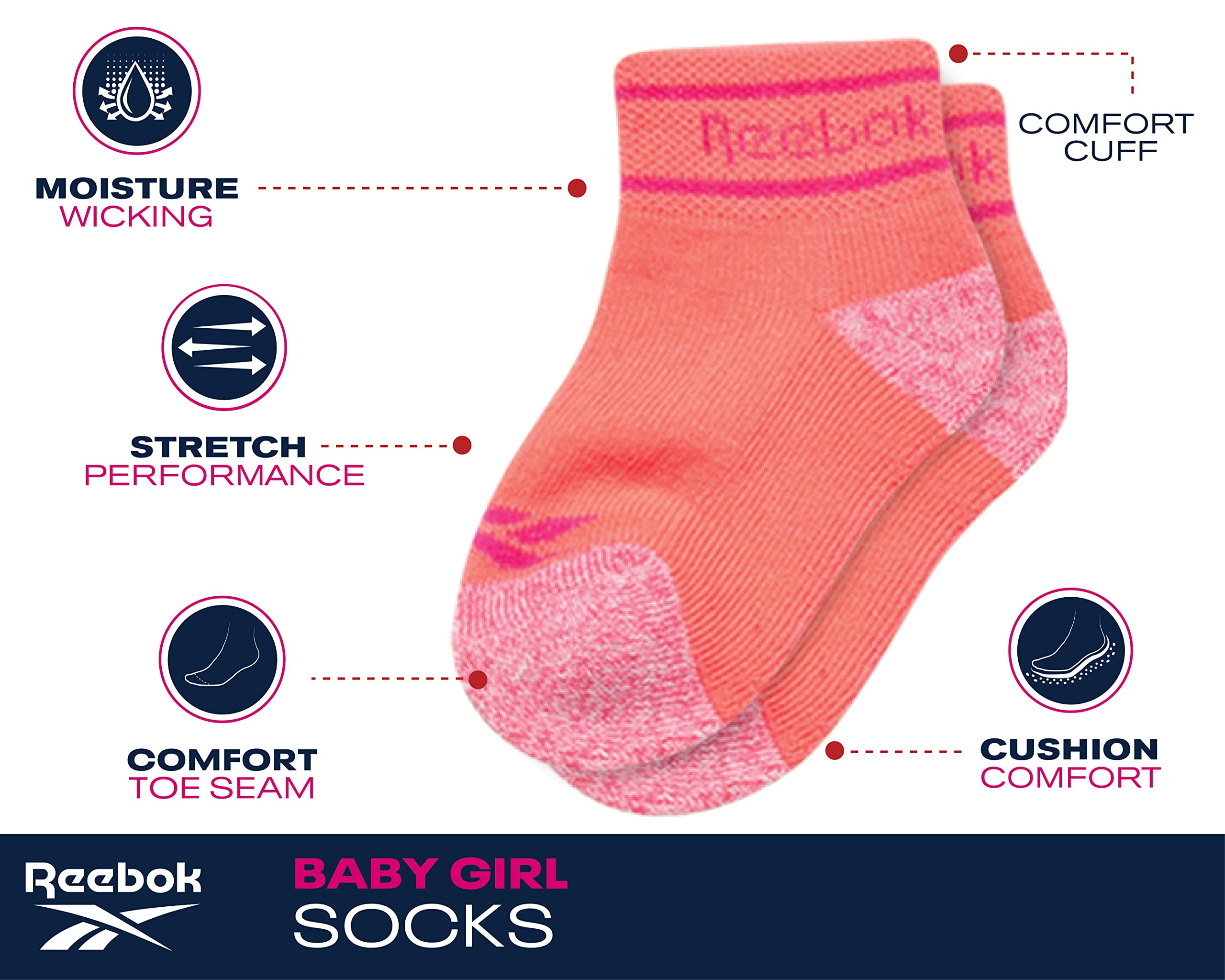 Reebok Girl's 6 Pack, 12 Pack Comfort Cushion Quarter Cut Socks (Infant/Toddler), Size 2-4T, Pink/Grey (6 Pack)