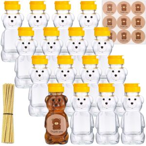 16 pack honey bear bottle with 25 pcs straws and 32 pcs bear stickers honey squeezable jar spill proof plastic honey dispenser containers reusable bear juice drinking cup for kids toddler (yellow)