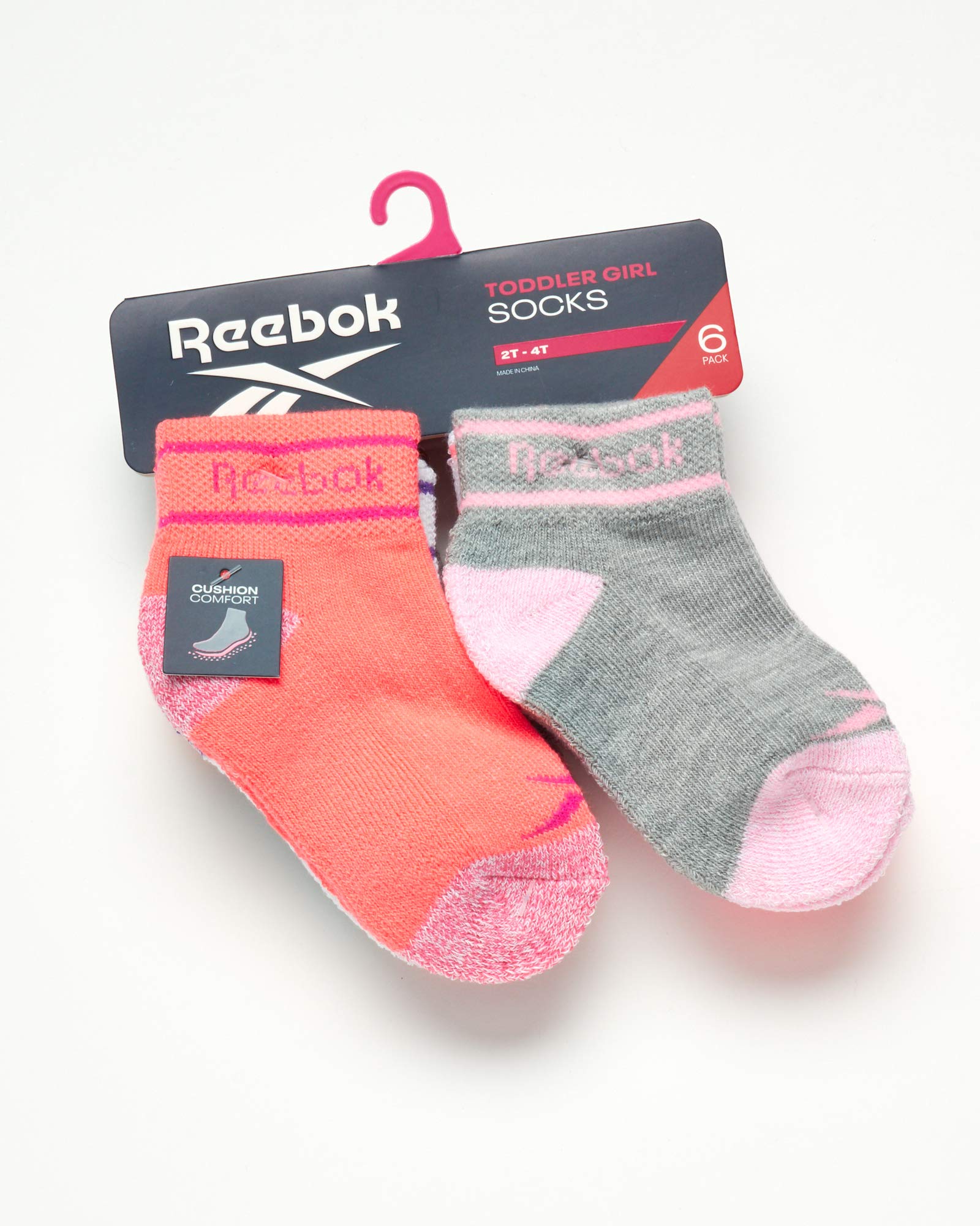 Reebok Girl's 6 Pack, 12 Pack Comfort Cushion Quarter Cut Socks (Infant/Toddler), Size 2-4T, Pink/Grey (6 Pack)