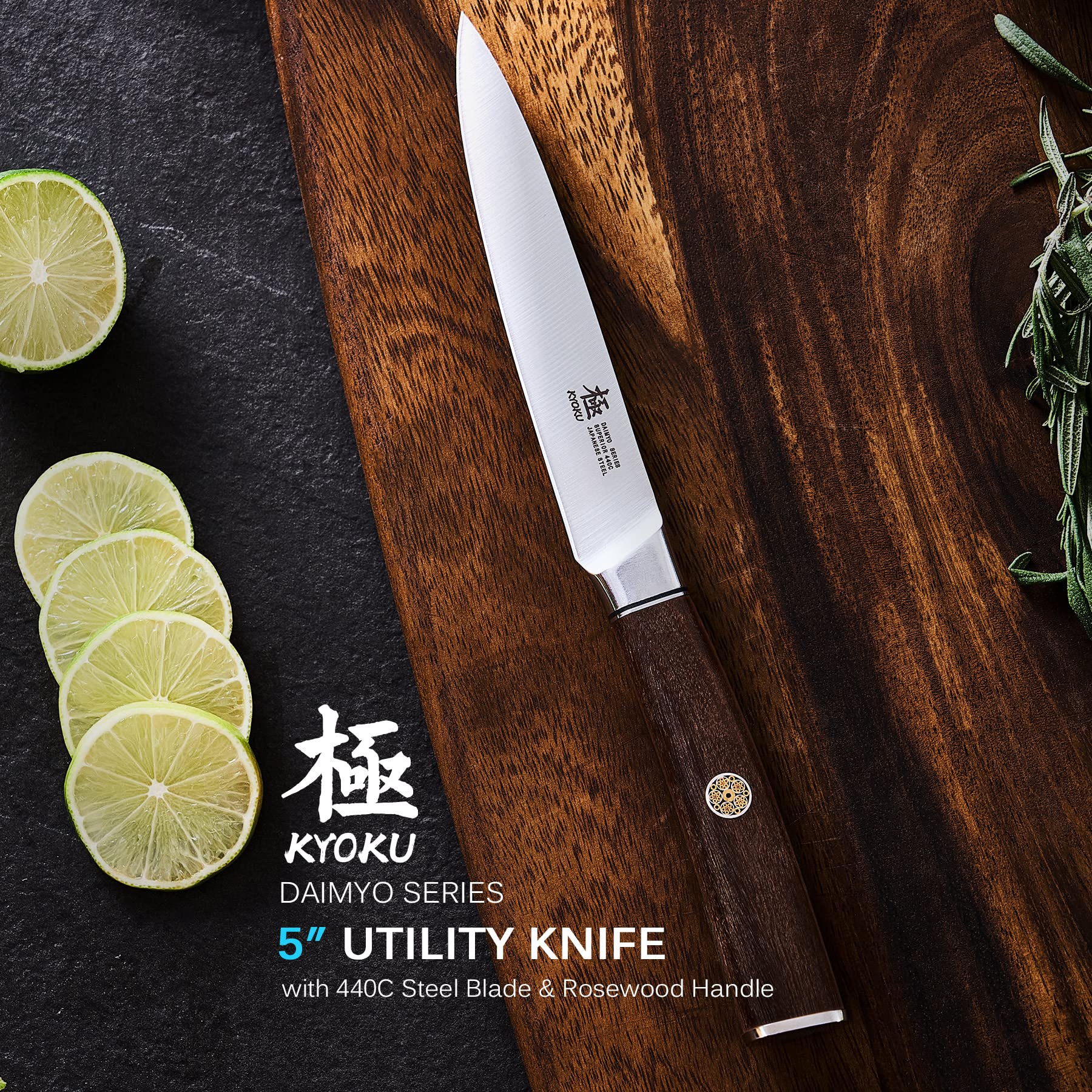 KYOKU Daimyo Series 8" Carving Knife + 5'' Utility Knife + 7'' Nakiri Knife - Japanese 440C Stainless Steel - Rosewood Handle