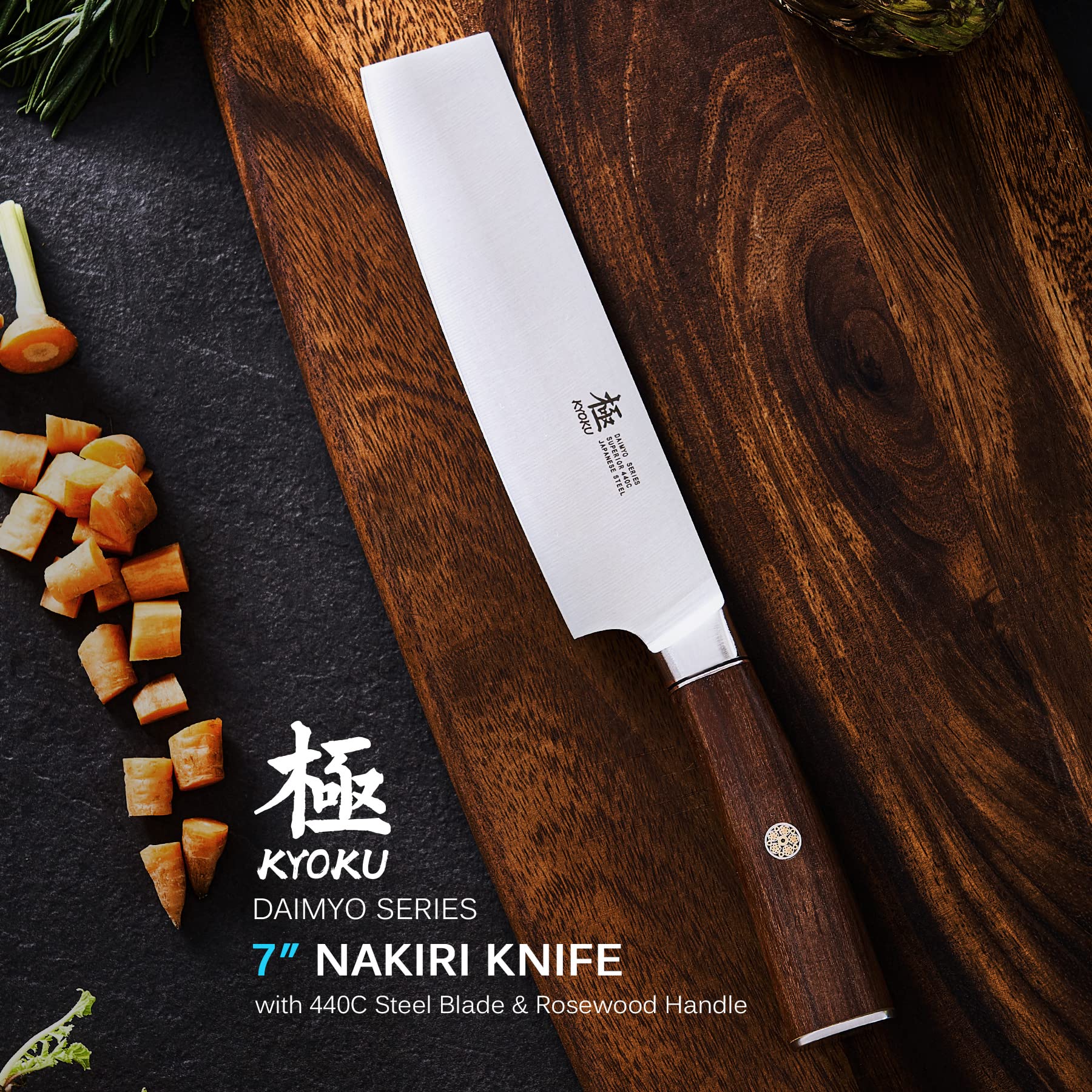 KYOKU Daimyo Series 8" Carving Knife + 5'' Utility Knife + 7'' Nakiri Knife - Japanese 440C Stainless Steel - Rosewood Handle