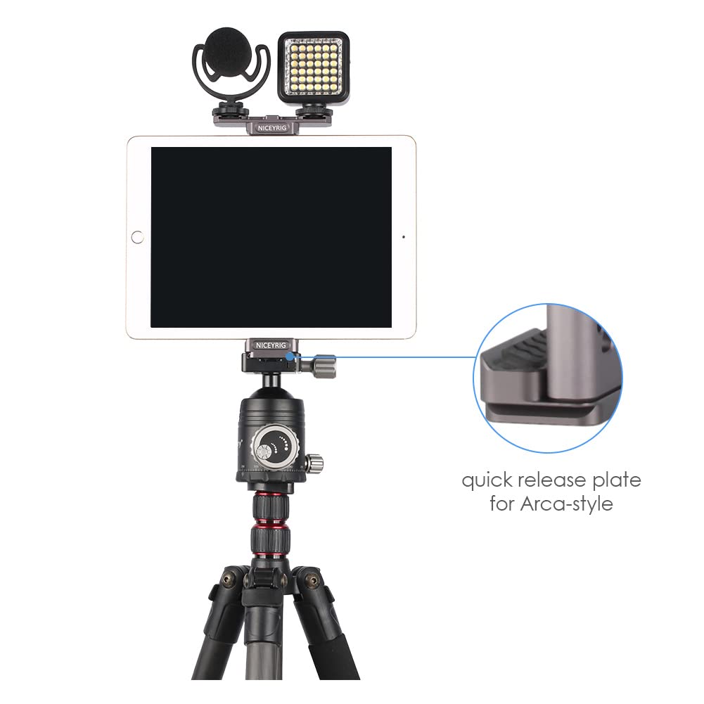 NICEYRIG Aluminum Tripod Mount for iPad Pro 12.9'' 11''/Air 10.9'' 10.5''/Mini 8.3'' 7.9'' Video Recording Vlog Vlogging Lives, Professional Tablet Holder with QR Plate for Arca-Swiss - 502