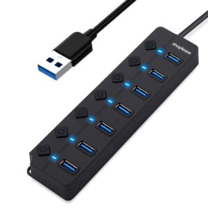 usb 3.0 splitter, 7-port usb 3.0 hub with individual power switches and lights, portable expansion data hub with type c adapter for windows 10, 8.1, 8, 7, vista, xp, linux, mac os x