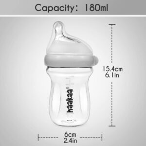 haakaa Glass Baby Bottle 2pk - 6oz/180ml for Baby Feeding, Anti-Colic Variable Flow Nipple, Wide Neck (Grey, 6m+)