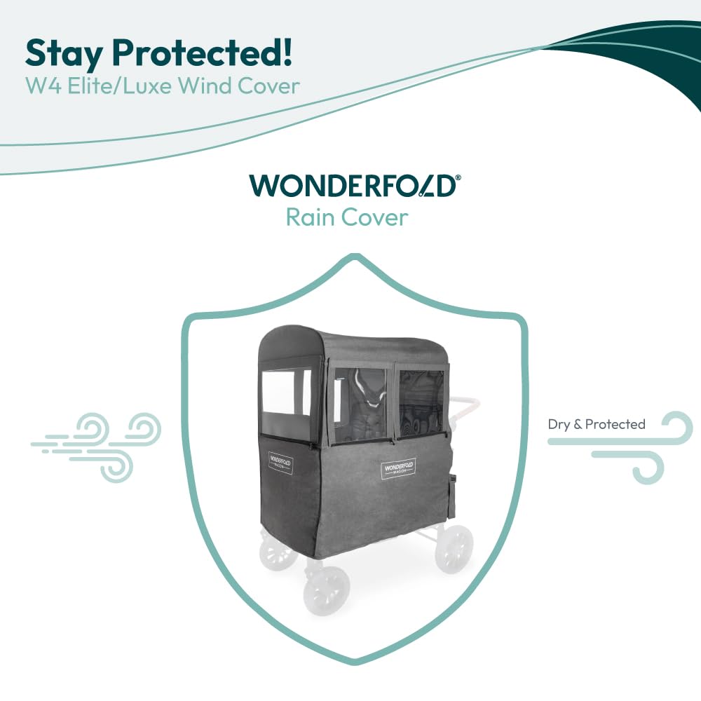 WONDERFOLD Stroller Wagon Wind Cover Made of Premium Breathable Cationic Fabric with Hook-and-Loop Window Openings for Easy Access and Zipper Storage Pocket Access (Fits Only W4 Elite/Luxe)