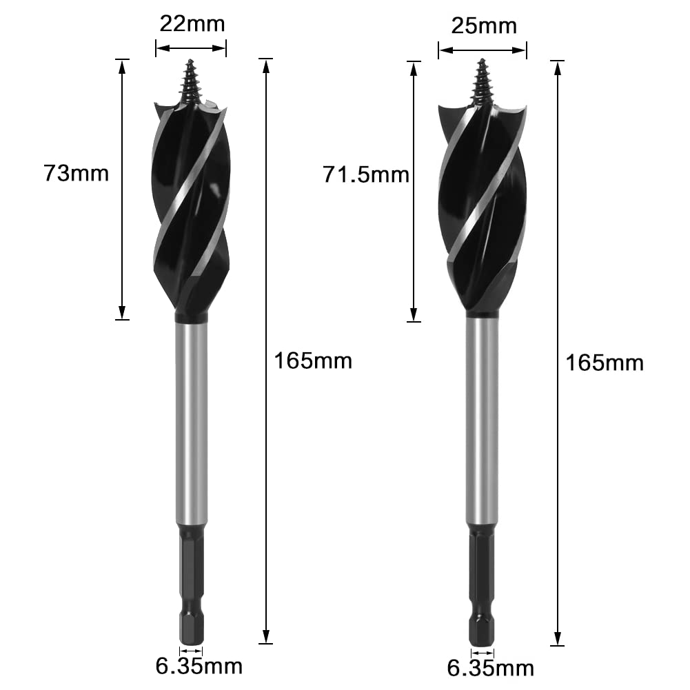 WSOOX Brad Point Wood Drill Bit Set 8PCS Four Spiral Flutes Drill Bit by 1/4" Hex Shank for Quick Chip Removing and Fast Drilling(Drilling Diameter:10mm,12mm,14mm,16mm,18mm,20mm,22mm,25mm)