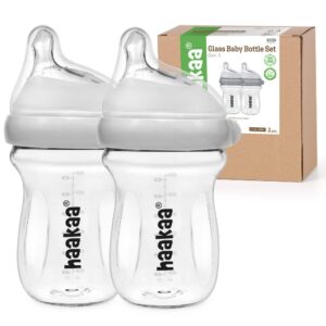 haakaa glass baby bottle 2pk - 6oz/180ml for baby feeding, anti-colic variable flow nipple, wide neck (grey, 6m+)