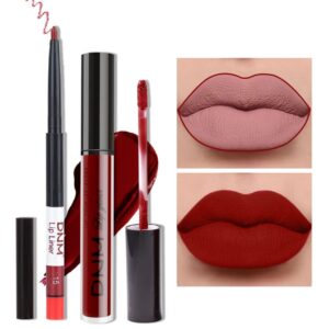 evpct 2pcs dark red maroon matte lipstick and lip liner makeup set for women dnm dark blood red liquid matte brown lipstick lip liner stain long lasting waterproof permanent lipstick 24 hours 15#