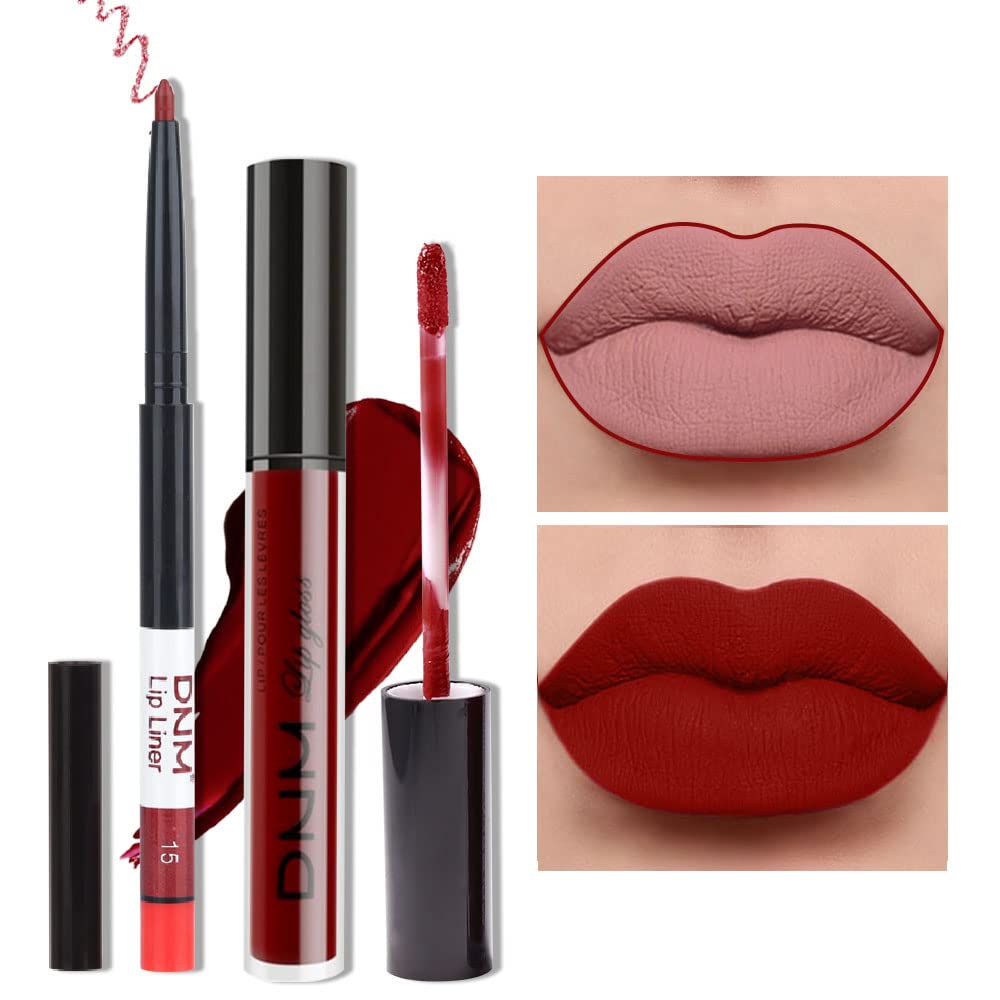 evpct 2Pcs Dark Red Maroon Matte Lipstick and Lip Liner Makeup Set for Women DNM Dark Blood Red Liquid Matte Brown Lipstick Lip Liner Stain Long Lasting Waterproof Permanent Lipstick 24 hours 15#