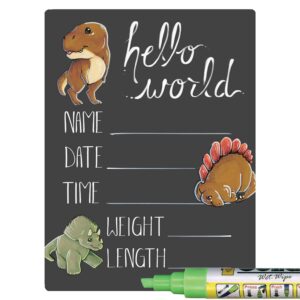 cohas hello world newborn baby announcement chalkboard sign with dinosaur theme, 5 by 7 inches, green marker