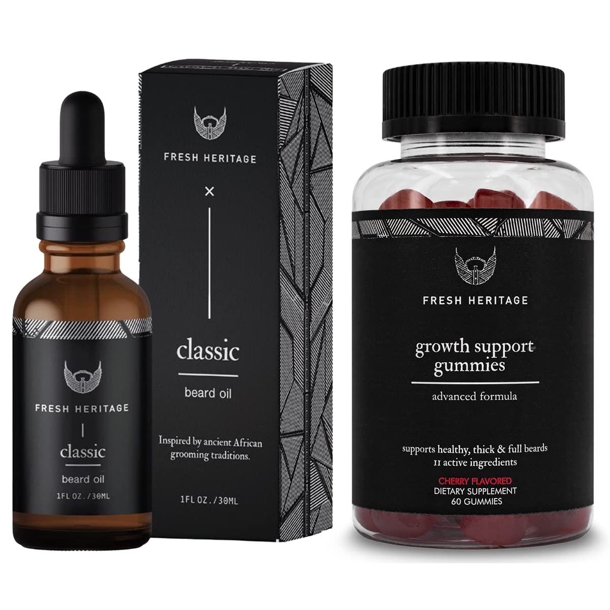 Fresh Heritage Faster Beard Growth Bundle - Beard Oil & Hair Growth Vitamin Gummies - Helps Fast Beard Growth - Beard Oil Kit for Men - Classic Scent