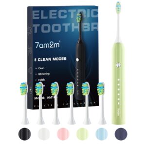 7am2m sonic electric toothbrush for adults and kids, with 6 brush heads, 5 modes with 2 minutes build in smart timer, roman column handle design (light green, 1 count (pack of 1))