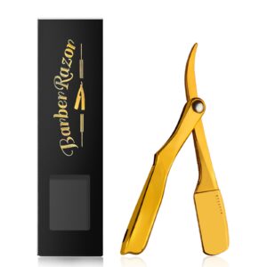 cestomen barber straight razor, professional straight edge razor, stainless steel barber single blade edge razors for men close shaving - gold