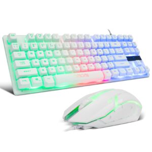 gaming keyboard 87 key tkl wired keyboard,chonchow rainbow led backlit white keyboard mouse 3200dpi cute keyboard combo compatible with pc laptop ps4 ps5 xbox gamer