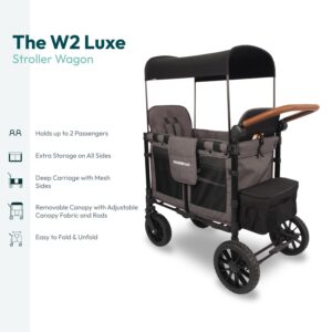 WONDERFOLD W2 Luxe Stroller Wagon (2 Seater) - Collapsible Wagon Stroller with Seats with Magnetic Buckle 5-Point Harnesses and Adjustable Sun Canopy, Charcoal Gray