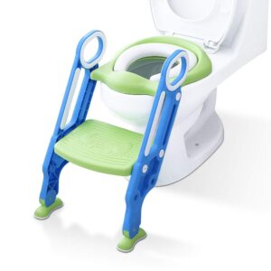 potty training seat with step stool ladder and handles for baby toddler kid children boys and girls toilet training chair with padded soft cushion and non-slip wide step (green blue)