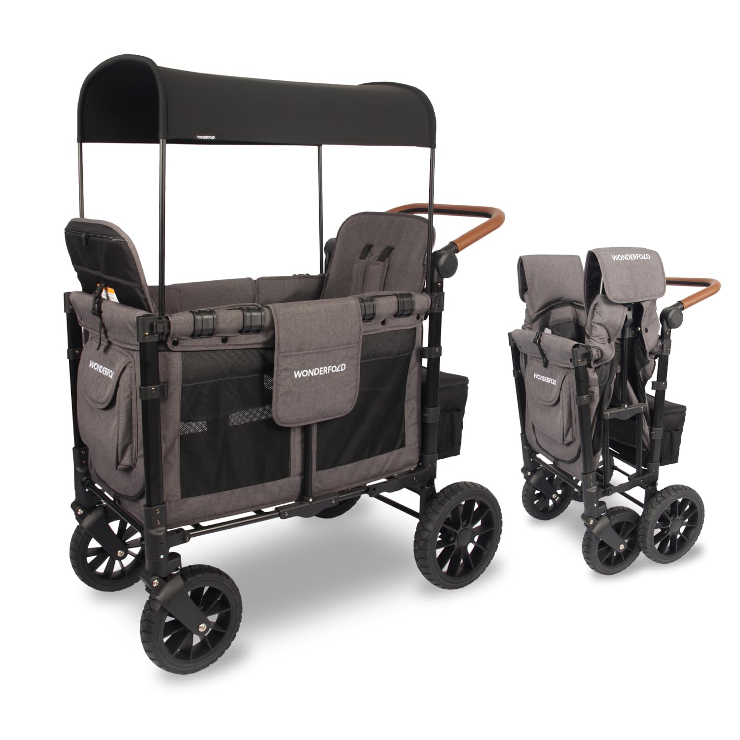 WONDERFOLD W2 Luxe Stroller Wagon (2 Seater) - Collapsible Wagon Stroller with Seats with Magnetic Buckle 5-Point Harnesses and Adjustable Sun Canopy, Charcoal Gray