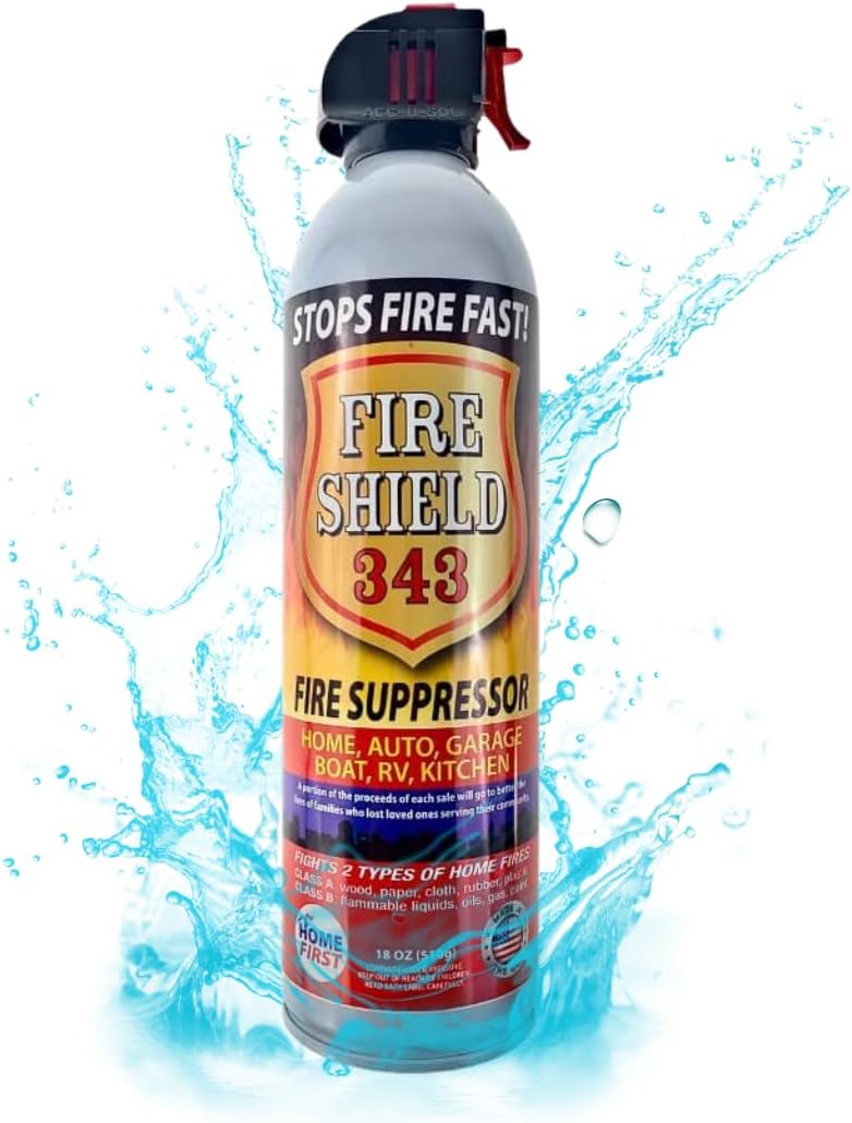 Fire Shield 343 - Home & MOBILE Use Aerosol Fire Suppressant Spray Foam Eliminates Gasoline, Kitchen Grease, Oil, Wood Fires. For Garage, House, Camping, RV & More