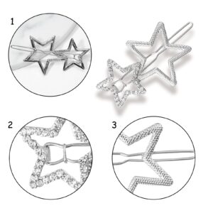 2Pcs Hollow Star Hair Clips, Non-Slip Metal Geometric Hairpin, Elegant Rhinestone Hair Barrettes for Women Lady Girls Styling Hair Accessories (Silver)