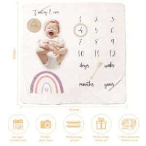 ibwaae Baby Thick Flannel Monthly Milestone Blanket Newborn Growth Chart Soft Neutral Photography Background Blanket (40＂x41＂) with Milestone Card Circle Ring Arrow Gift（Rainbow