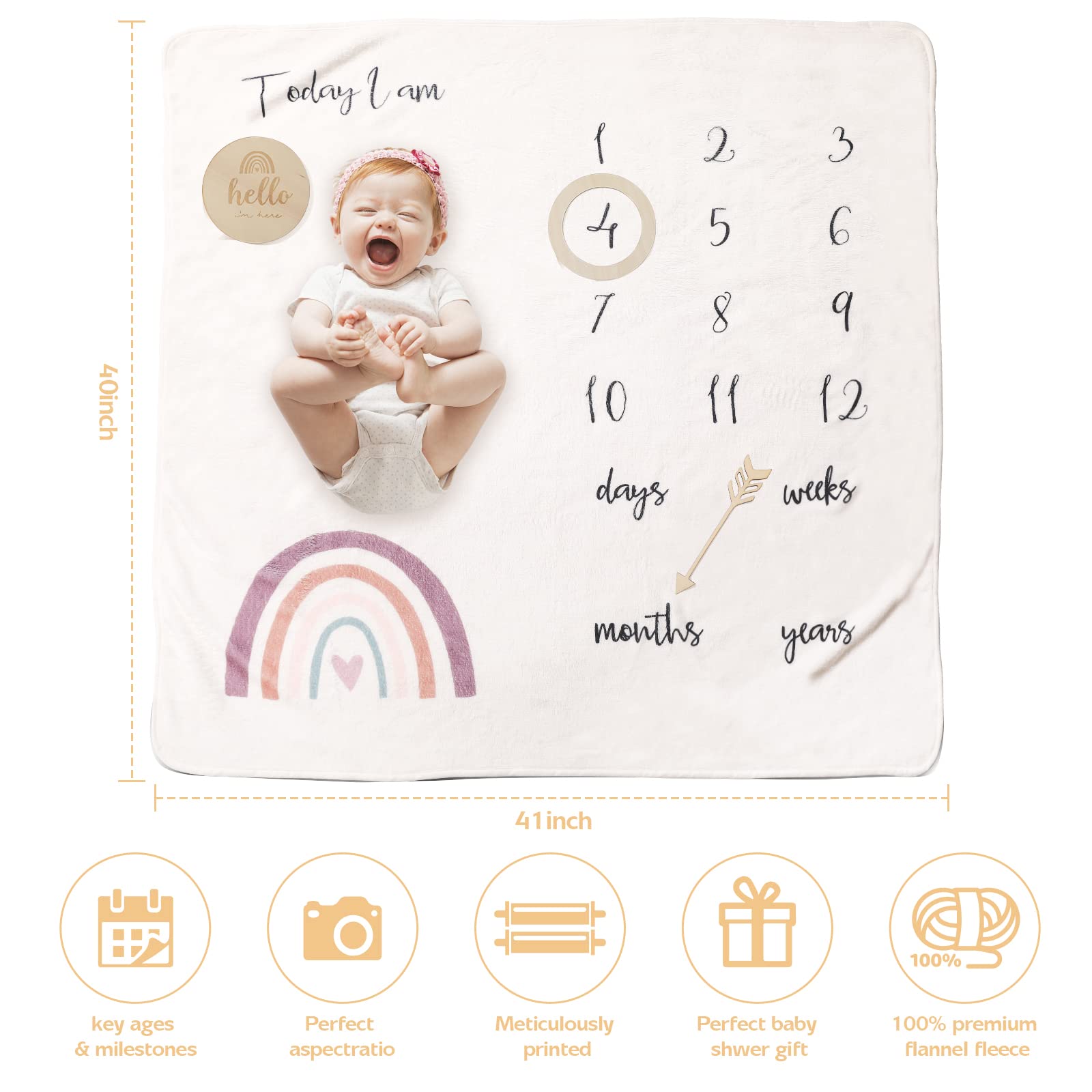 ibwaae Baby Thick Flannel Monthly Milestone Blanket Newborn Growth Chart Soft Neutral Photography Background Blanket (40＂x41＂) with Milestone Card Circle Ring Arrow Gift（Rainbow