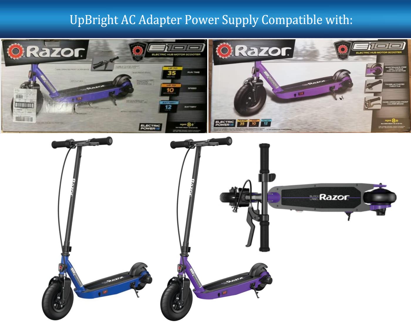 UpBright 12V AC/DC Adapter Compatible with Razor Black Label E100 E 100 12 Volt Sealed Lead-Acid SLA Retractable Battery 90W Kick Electric Hub Motor Scooter 13112148 13112155 Power Supply Cord Charger