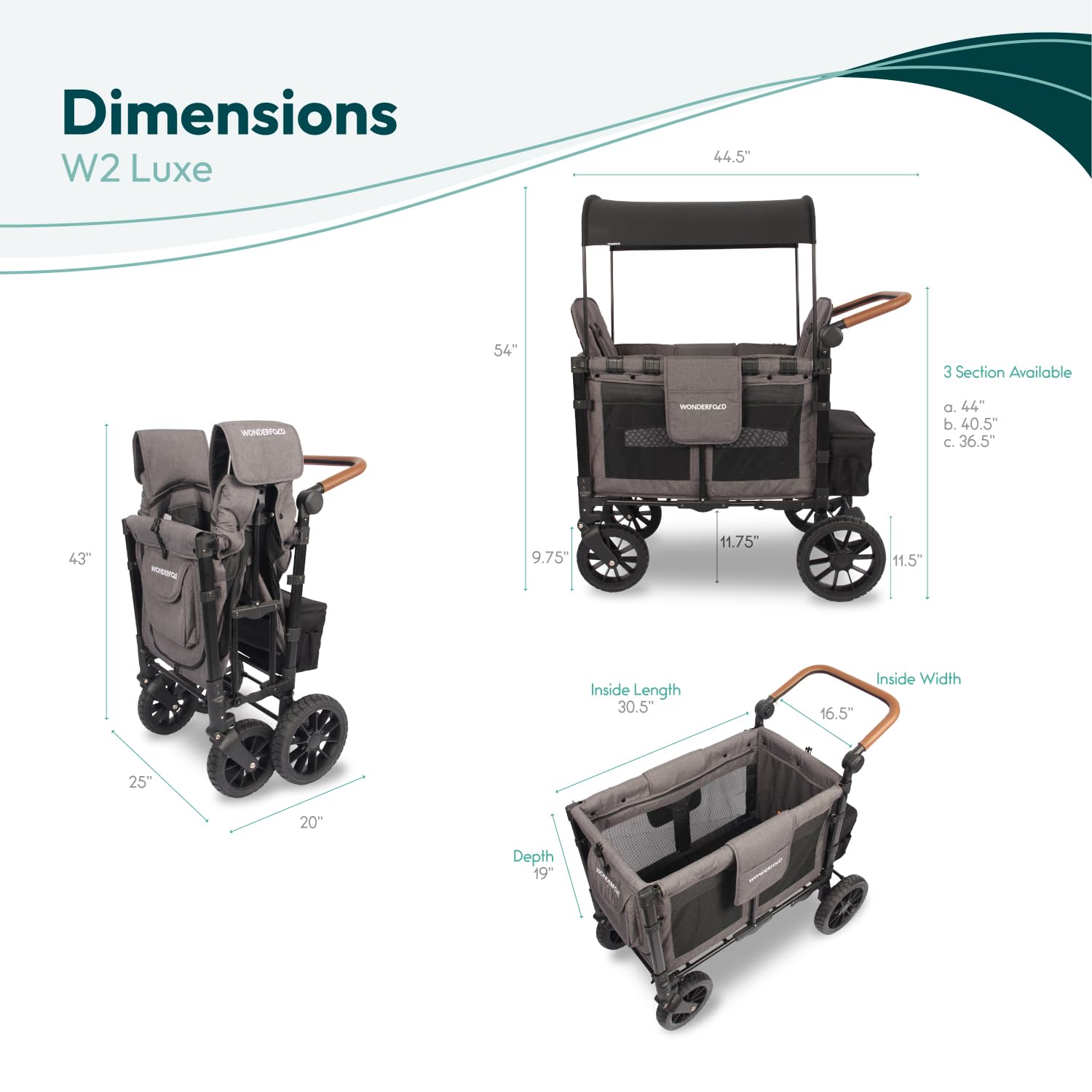 WONDERFOLD W2 Luxe Stroller Wagon (2 Seater) - Collapsible Wagon Stroller with Seats with Magnetic Buckle 5-Point Harnesses and Adjustable Sun Canopy, Charcoal Gray