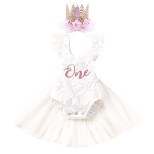 baby girl first birthday outfit ruffle short sleeve floral lace romper tulle dress backless jumpsuit lace romper tutu dress+ baby flower crown cake smash party outfits photo shoot white 12-18 months