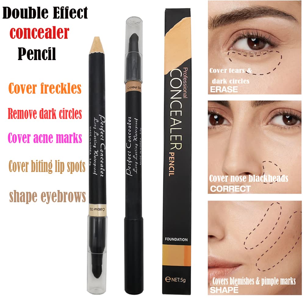 AKARY Face Full Range of Coverage Concealer Pencil for Face, 2 in 1 Dual-Sided Eyebrow Face Concealer Crayon Highlighter Stick, Professional Waterproof Foundation Concealer for Eye Dark Circles, Blackheads, Concealer Pencil with Brush for Men and Women (#