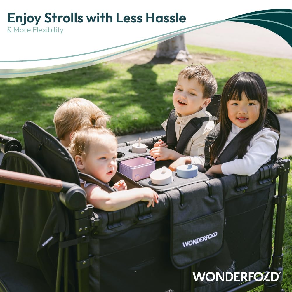 WONDERFOLD Double Sided Stroller Tray for Snacks & Activities Featuring Faux Leather Side for Eating, Polyester Side for Activities, and 4 Kid’s Cup Holders (W4 Series)