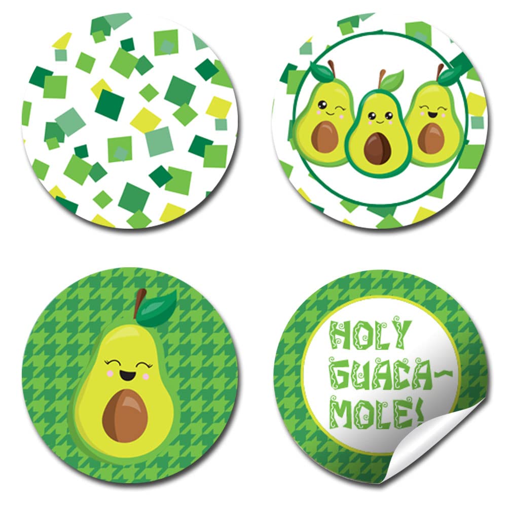 Holy Guacamole Trio of Avocados Birthday Kiss Sticker Labels for Kids, 300 Party Circle Sticker Sized 0.75” for Chocolate Drop Kisses by AmandaCreation, Great for Favors, Treats, Envelopes & Bags