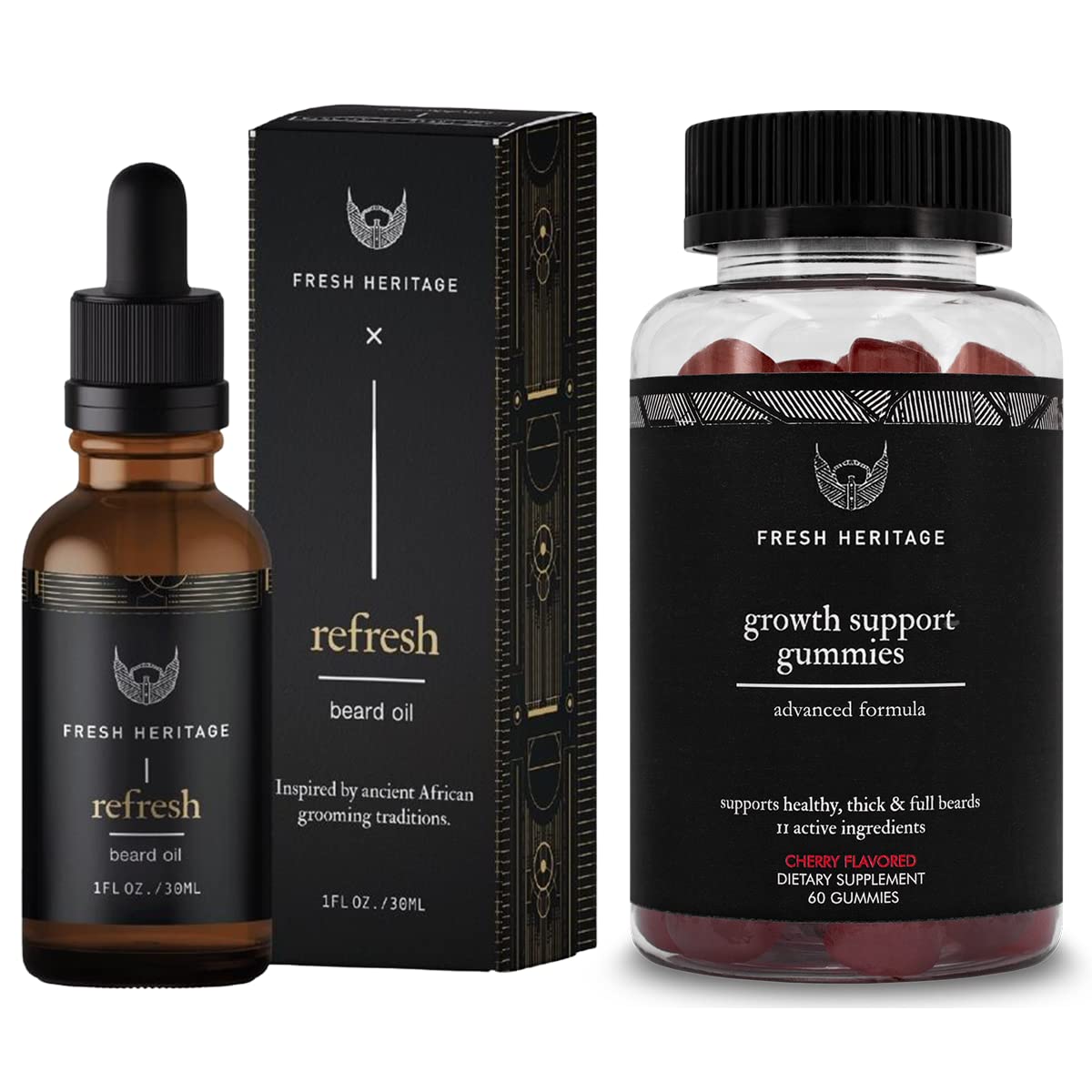 Fresh Heritage Faster Beard Growth Bundle - Beard Oil & Hair Growth Vitamin Gummies - Helps Fast Beard Growth - Beard Oil Kit for Men - Refresh Scent