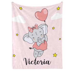 elephant flying balloon personalized monogramed baby shower blanket for baby girl boy, custom name soft warm newborn throw blanket 30x40 in